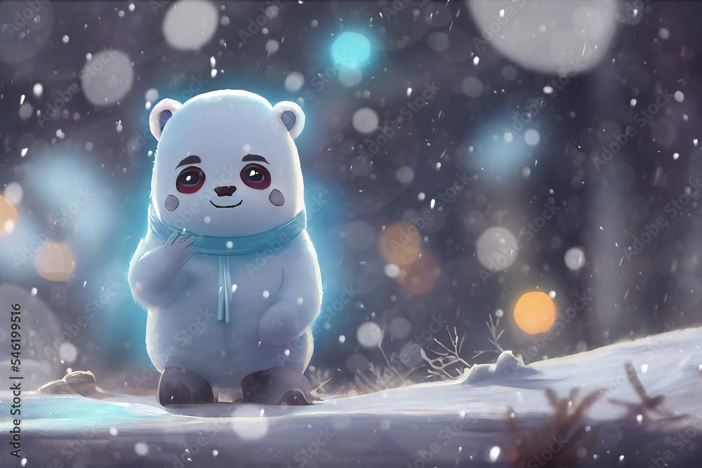 Picture of cute cartoon polar bear in winter landscape Stock ...