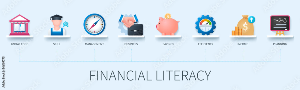 Financial literacy banner with icons. Knowledge, skill, management ...