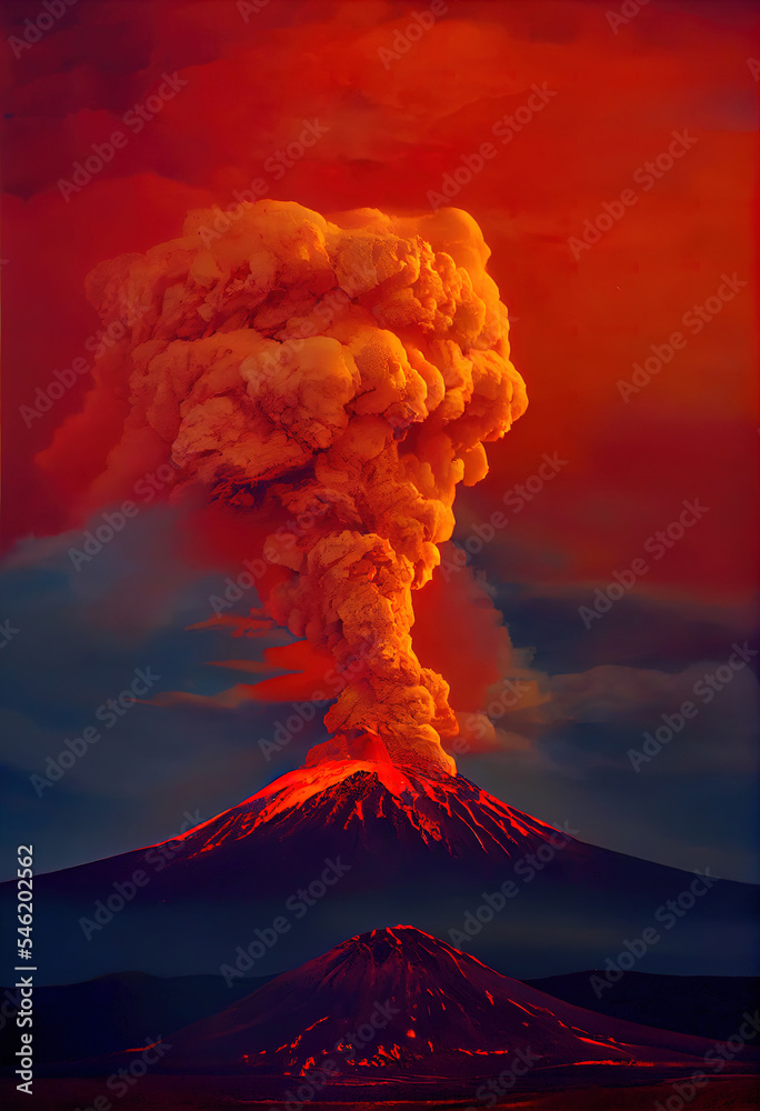 Massive Volcano Eruption. A large volcano erupting hot lava and gases ...