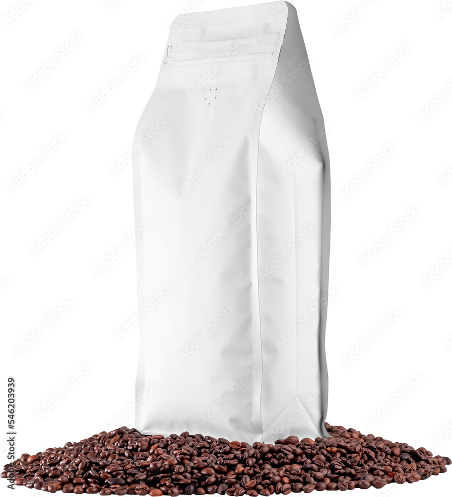 Mockup big white coffee pouch, png, stabilo pack on coffee beans Stock ...