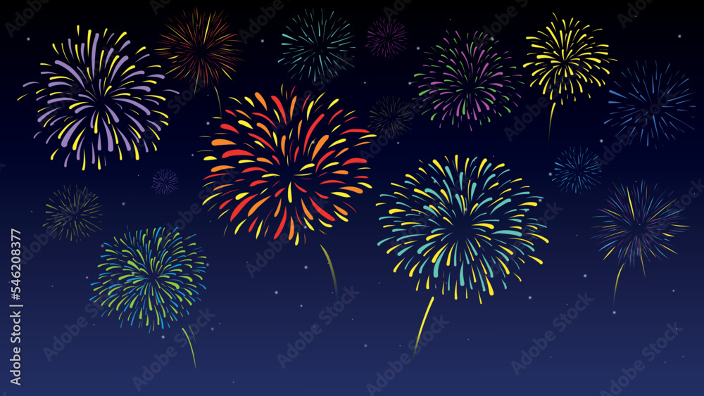 Vector fireworks in Night Starry Sky Background Template New Year ...