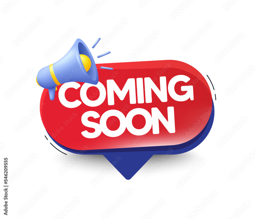 Coming soon banner with megaphone 3d icon. Promotion offer speech ...