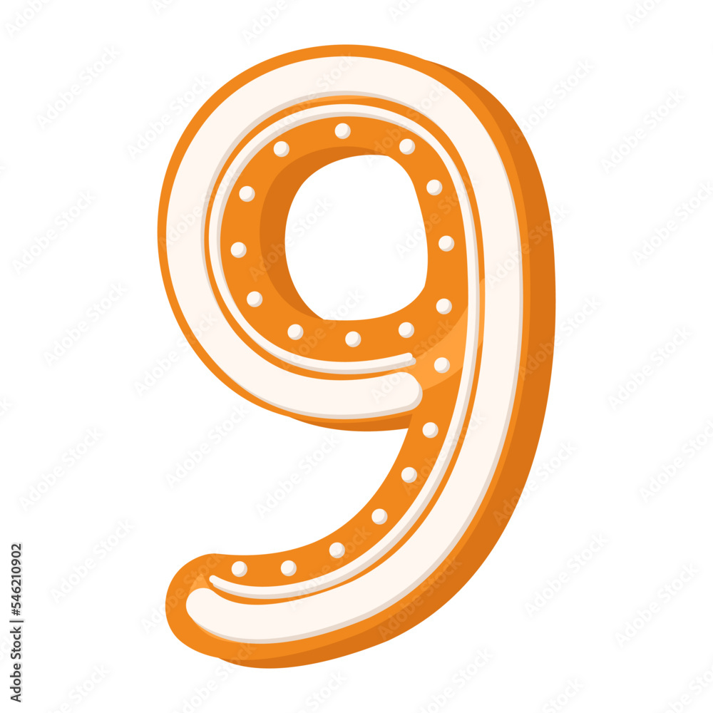 Number nine made from glazed gingerbread. Festive font, symbol of Happy ...