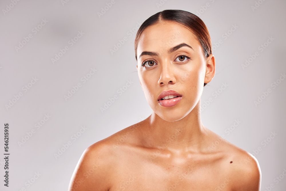 Woman, face glow and skincare on studio background in healthcare body ...