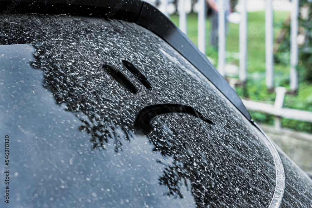 Sad emoticon drawn on dirty car window outdoors, closeup Stock Photo ...