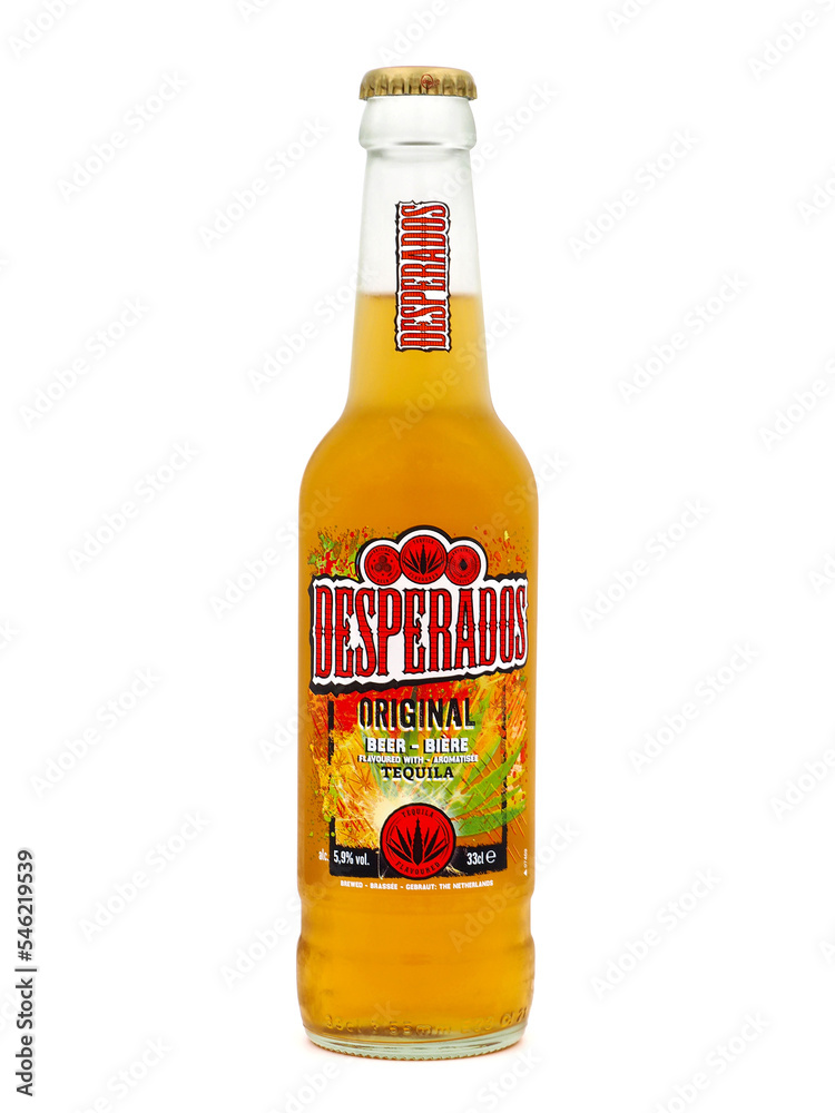 ROME, ITALY - NOVEMBER 15, 2022. Bottle of Desperados beer isolated on ...