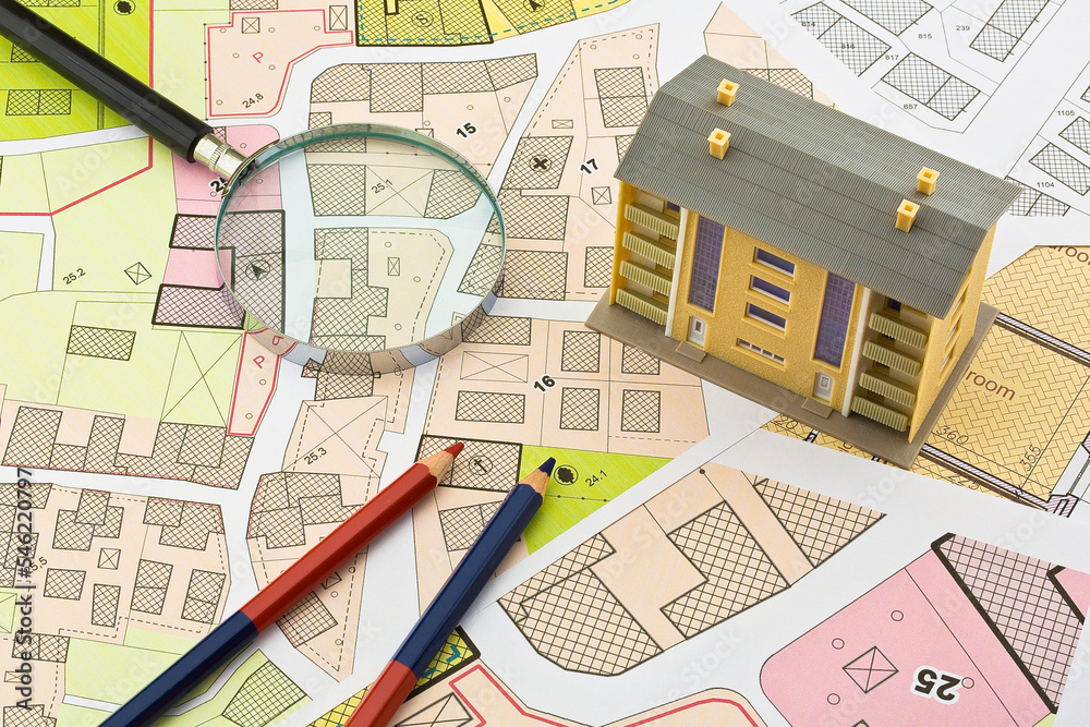 Imaginary cadastral map and general urban plan with cadastral parcels ...