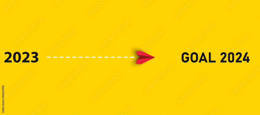 Stockvector The red plane is flying to the 2024 target in 2023. 2024 ...