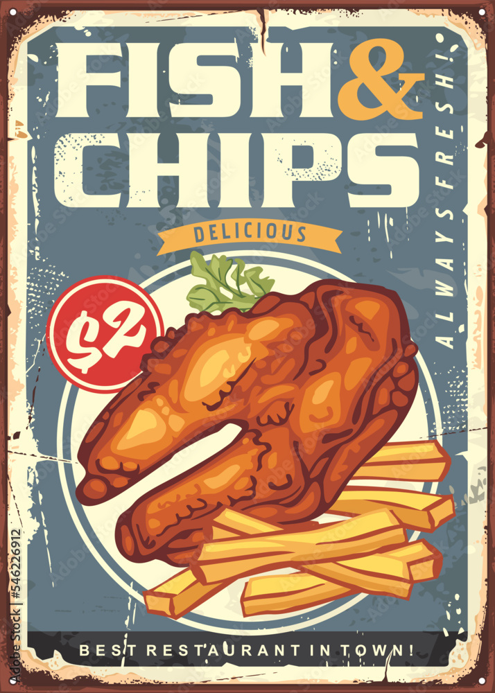Fish and chips retro restaurant advertising sign menu on old metal ...