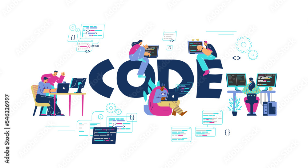 Code Typographic Header With Tiny People Programming Flat Vector Illustration Isolated On