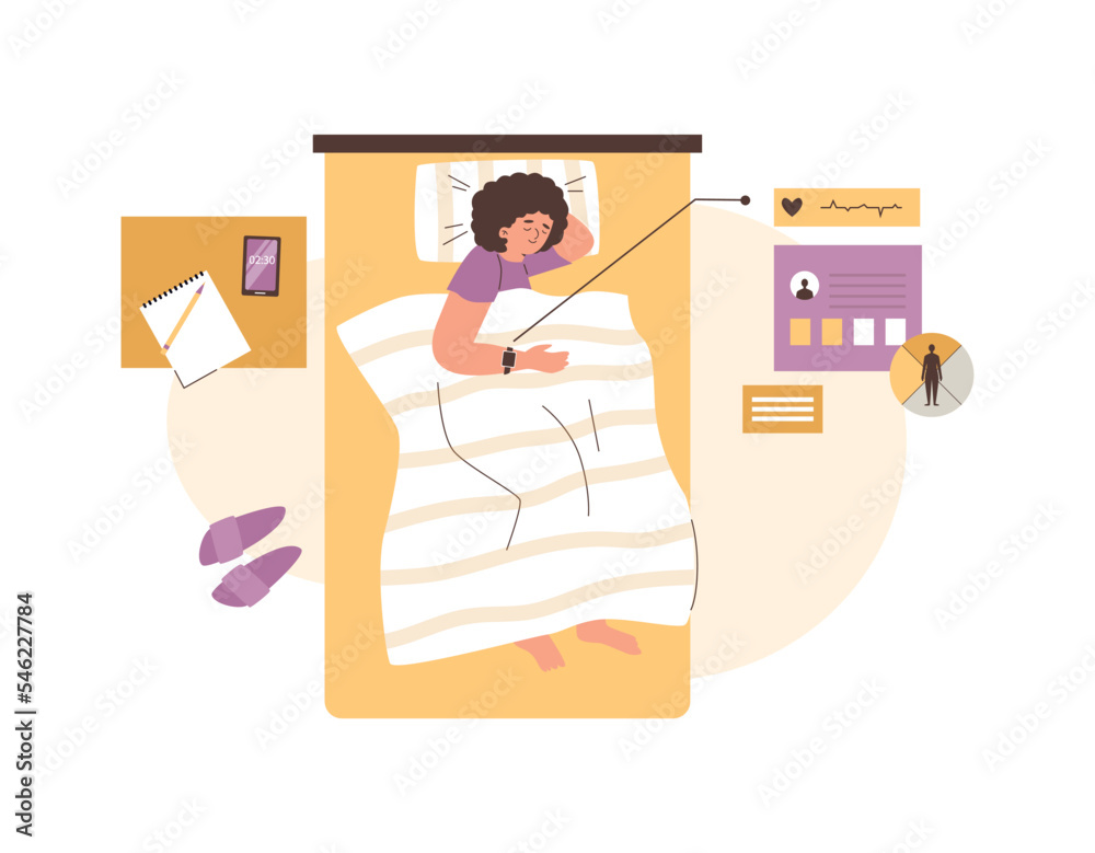Sleep tracker infographics, characters sleeping in bed - flat vector ...