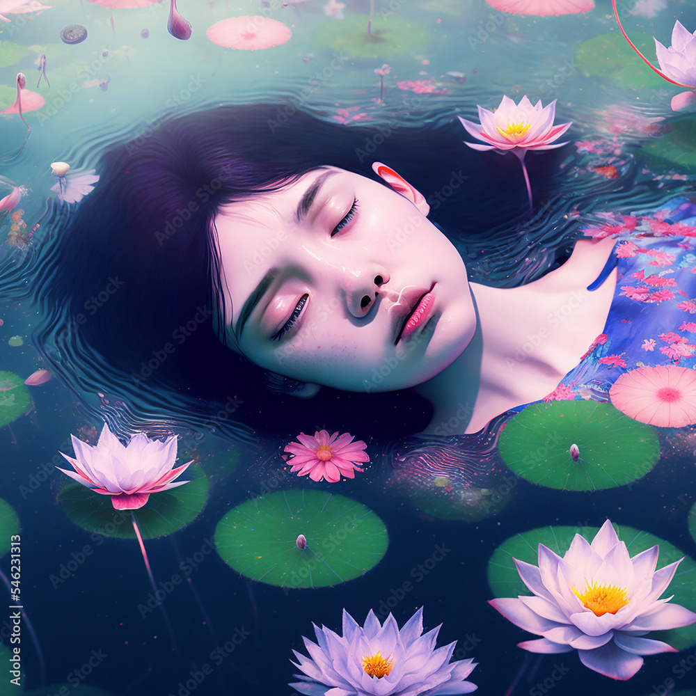Ophelia from Hamlet in river Illustration, Beautiful Asian woman ...
