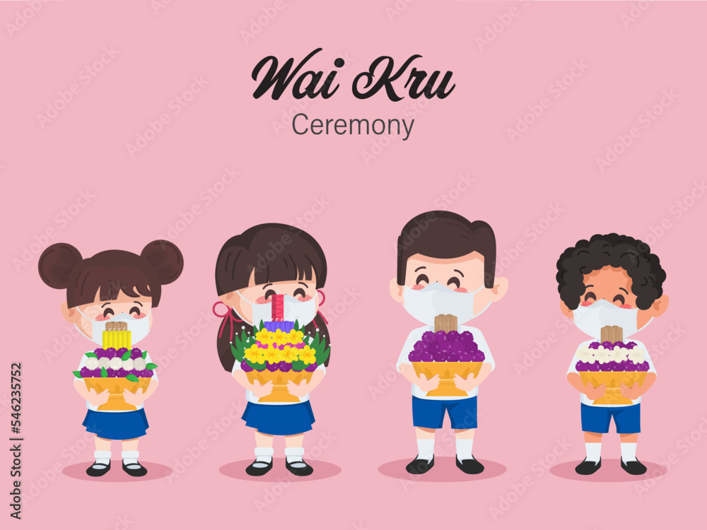 Group of Thai student and Thai teacher Wai Kru ceremony with namaste ...