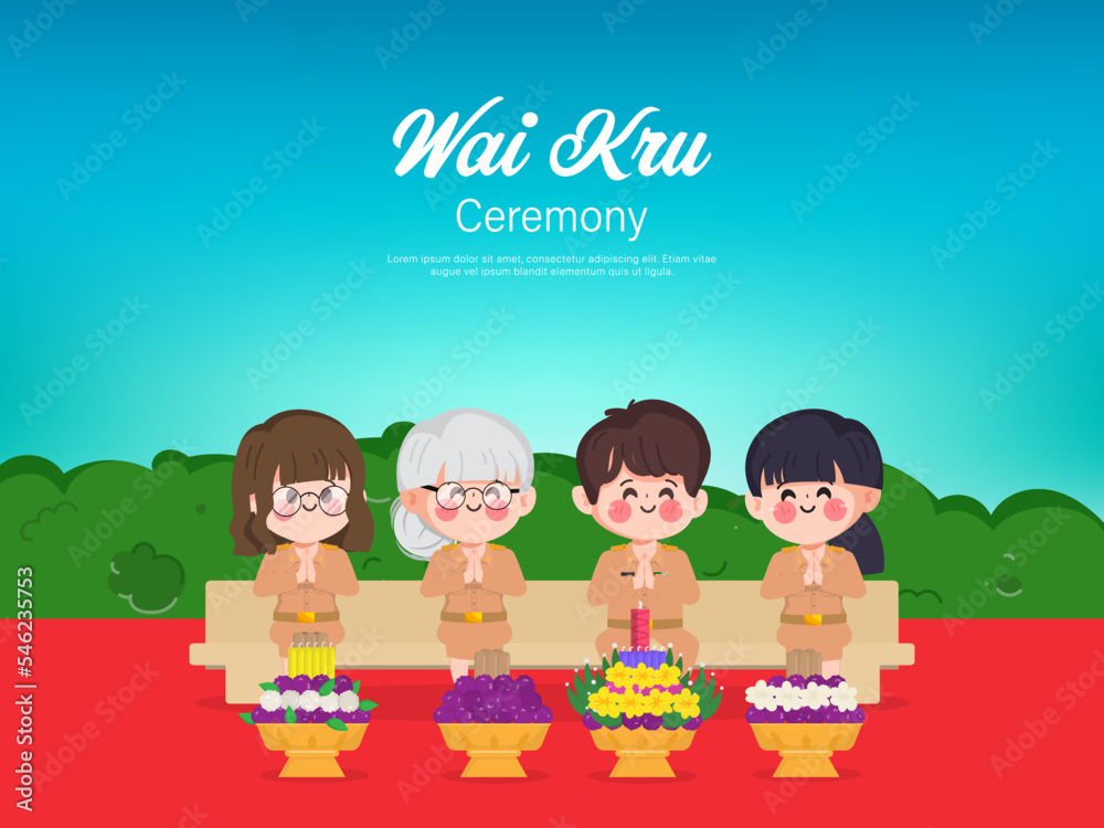 Vetor de Group of Thai student and Thai teacher Wai Kru ceremony with ...