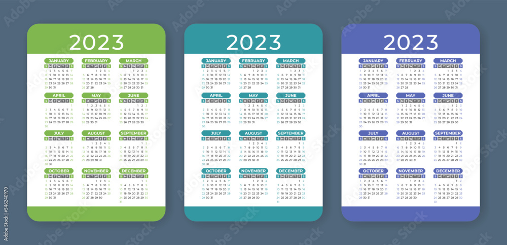 Calendar 2023 year set. English vector set. Vertical wall or pocket ...
