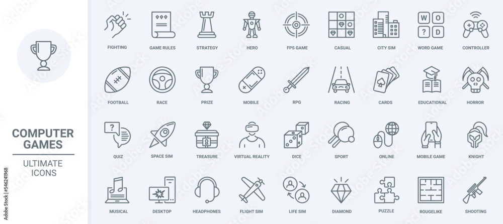 Computer games, gaming technology thin line icons set vector ...