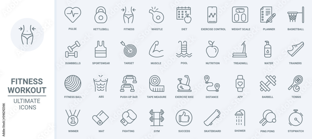 Vektorová grafika „Fitness sport workout in gym thin line icons set ...