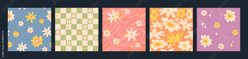 Cute groovy flower seamless patterns with sparkles, hippie psychedelic ...