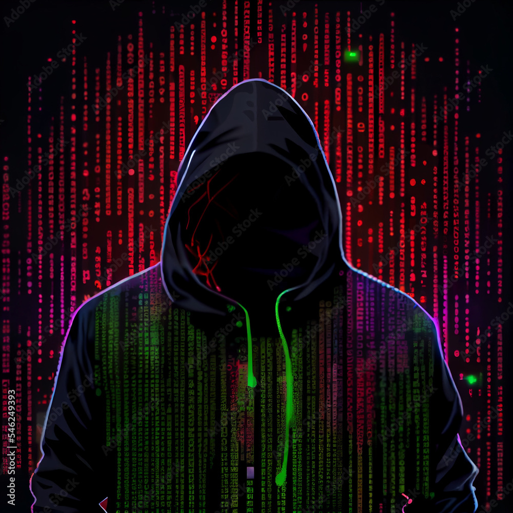A hacker illustration wearing a black hoodie with led neon matrix code ...
