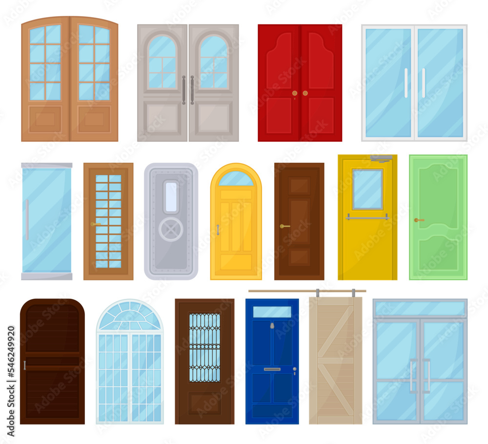 Set of colorful wooden doors for houses and buildings. Set of colorful ...