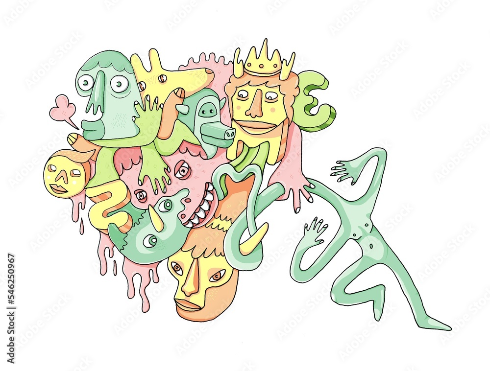 Cartoon illustration with fun and crazy characters. Weird and savage ...