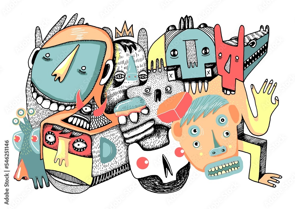 Cartoon illustration with fun and crazy characters. Weird and savage ...