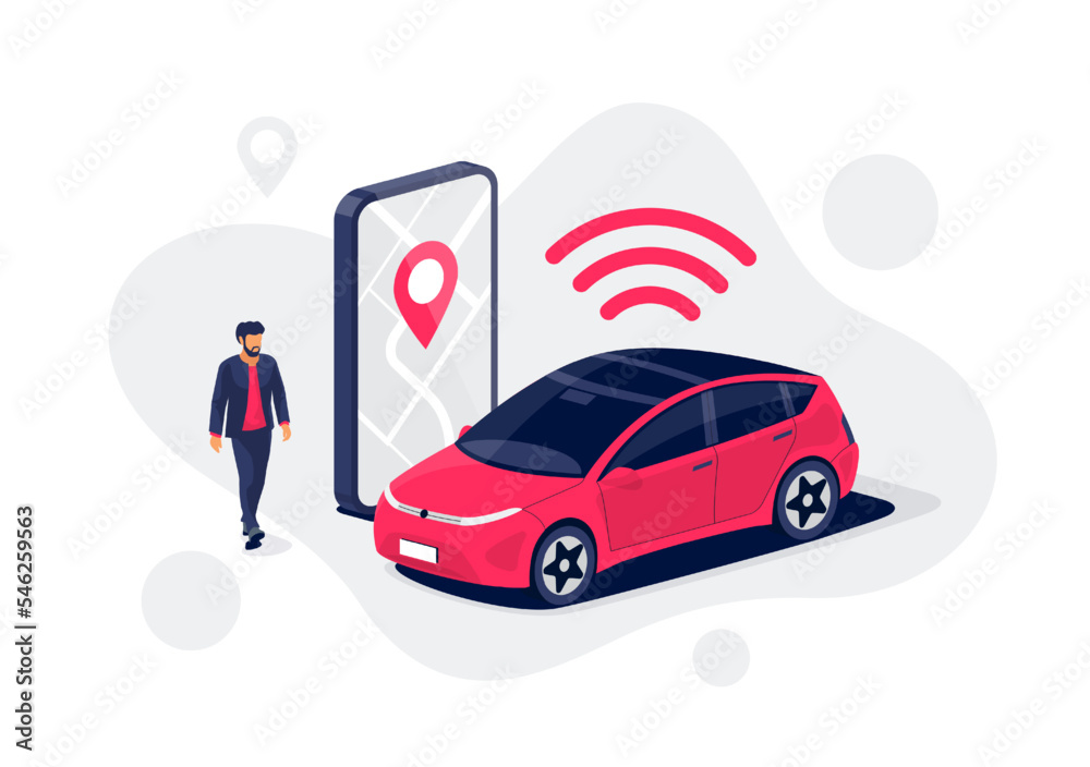 Vector illustration of autonomous online car sharing service controlled ... Vector illustration of autonomous online car sharing service controlled ...