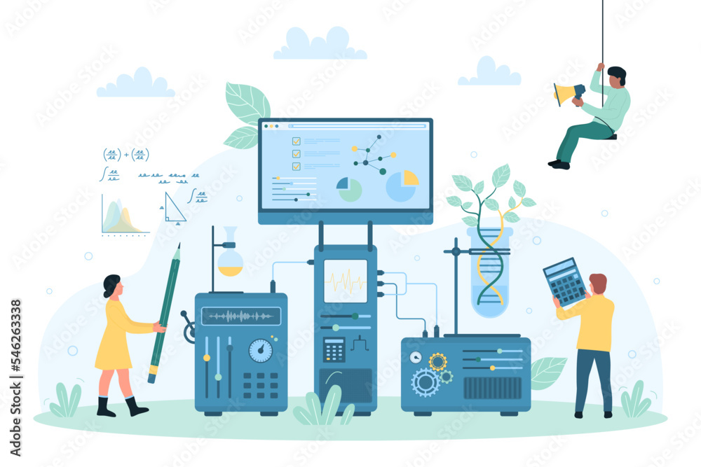 Science lab research vector illustration. Cartoon tiny scientists study ...