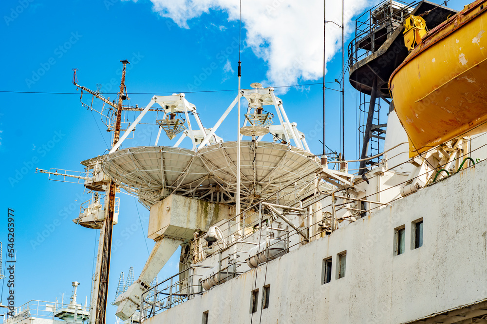 Top of an old research vessel with various unusual equipment ...