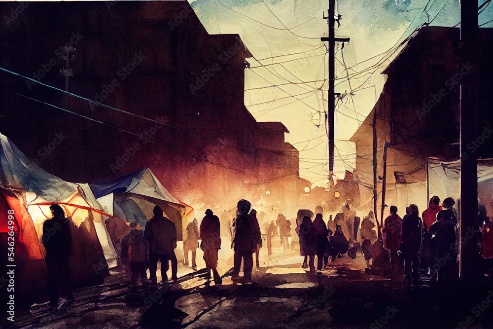Digital watercolour art of underprivileged American ghetto inner city ...