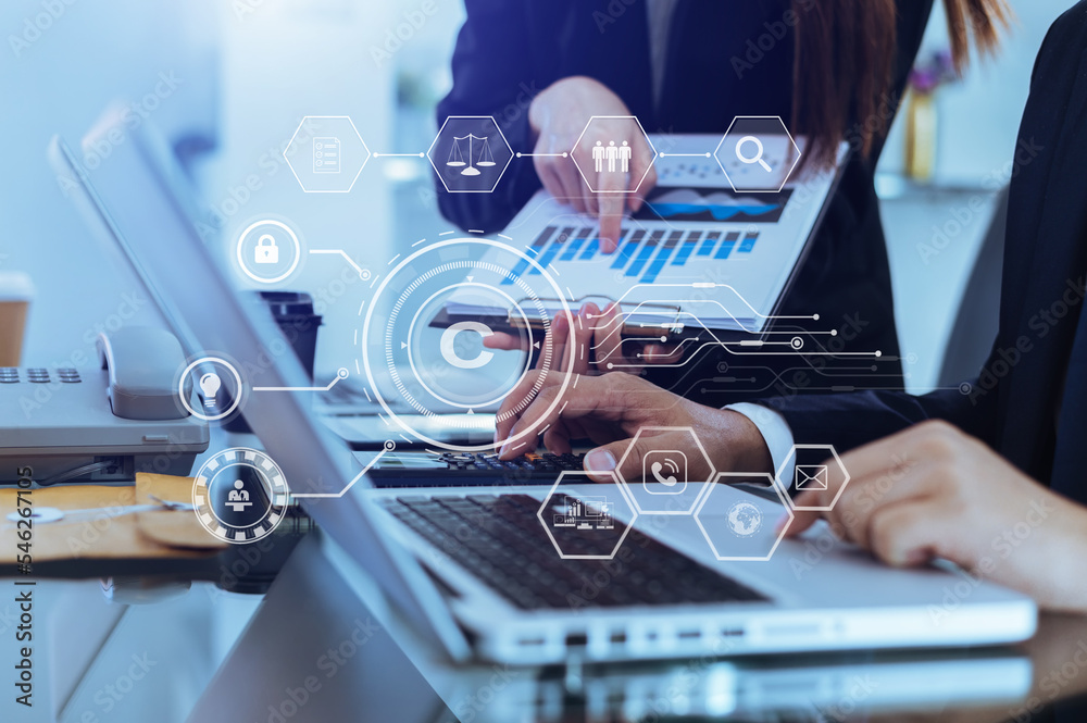Copyright or patent concept, Business team analyzing data and using ...
