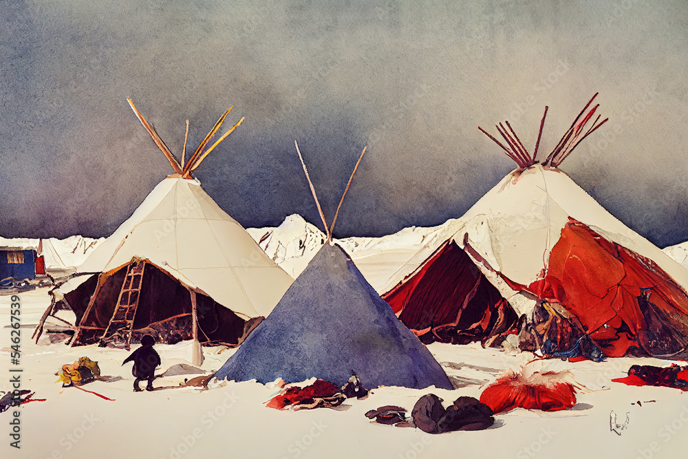 Wigwam tents of the eskimo people in Alaska. Inuit people settlement ...