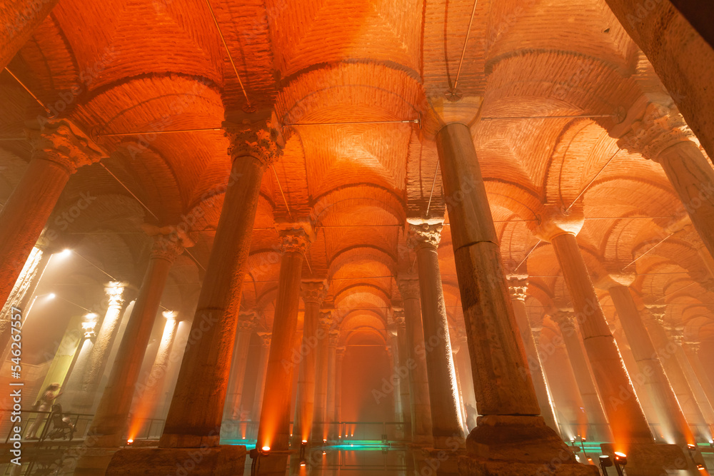 Vaults and columns of Basilica Cistern with orange light ambient Stock ...