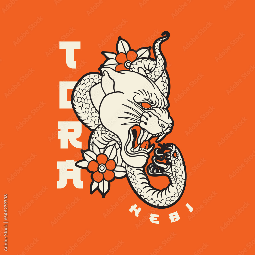 fight between tiger and snake. Angry reptile coiled the big cat ...