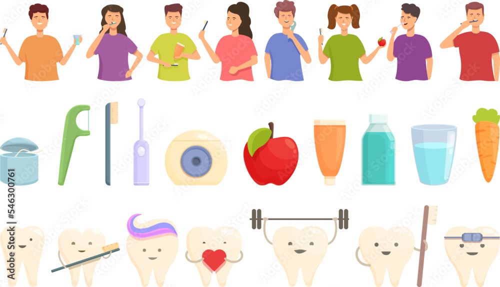 Pediatric dentistry icons set cartoon vector. Implant teeth. Medical ...