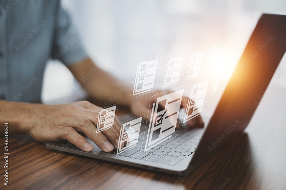 Documents management information system concept, Businessman using ...