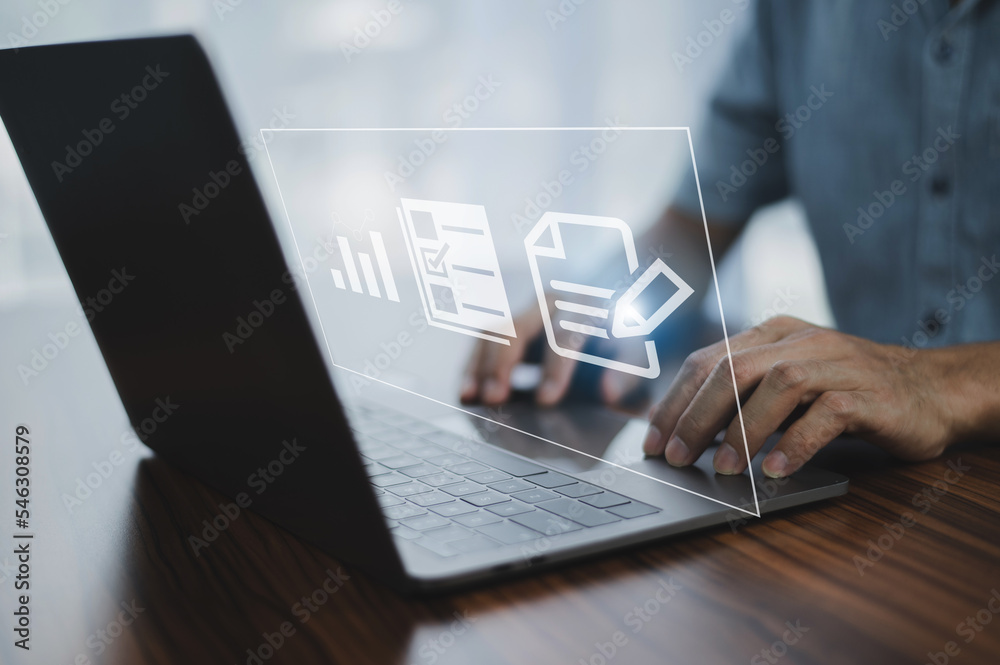 Documents management information system concept, Businessman using ...