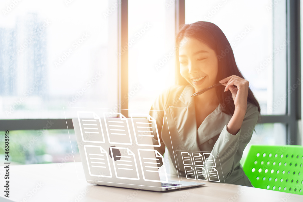 document management concept with icons on virtual screen, ERP Document ...