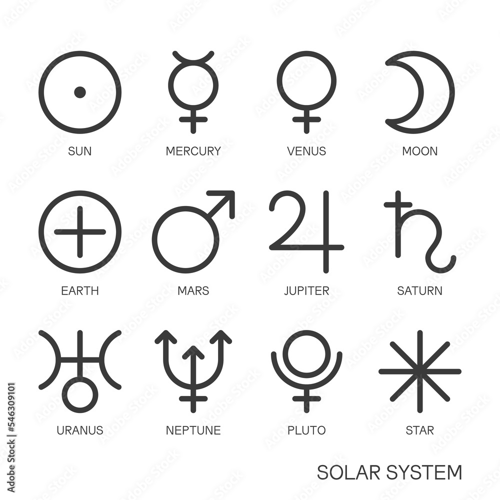 Solar system zodiac horoscope astrological thin line label linear ...