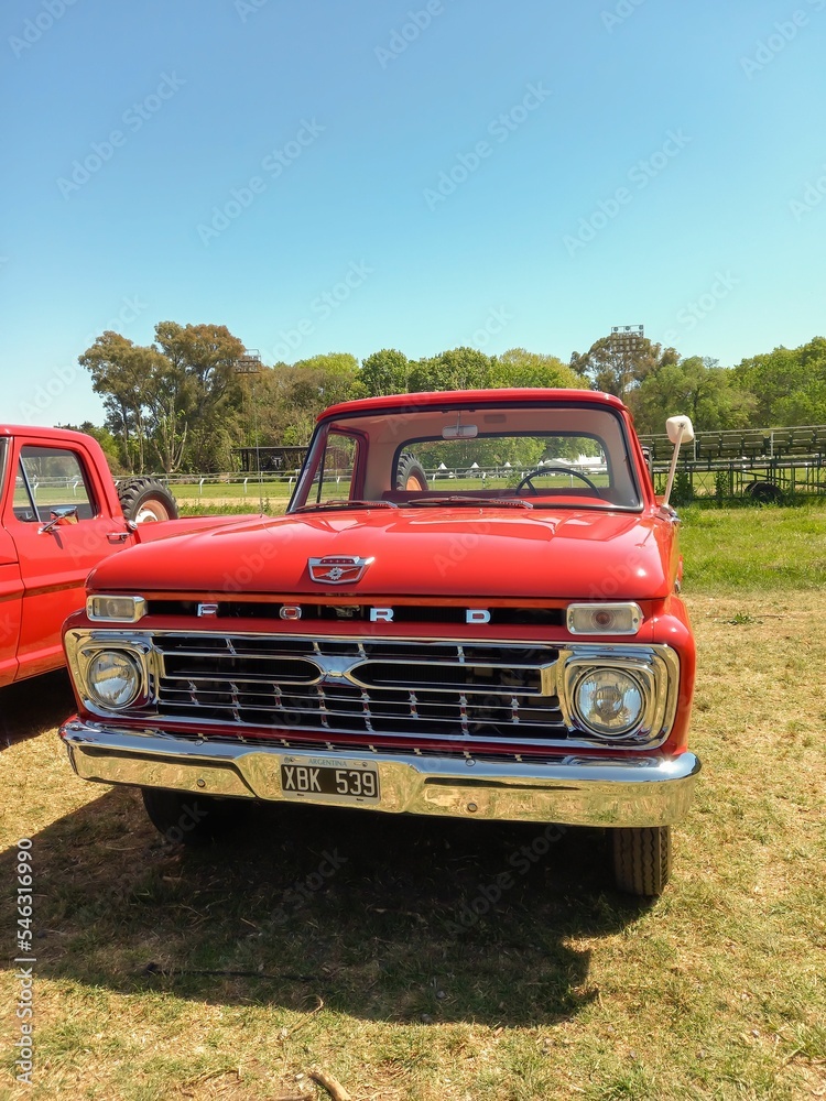 Old red 1968 Ford F 100 pickup truck in the countryside. Nature ...