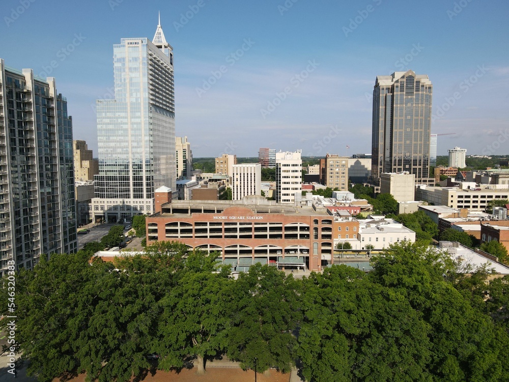 High-angle of Raleigh downtown skyline with highrise apartment ...