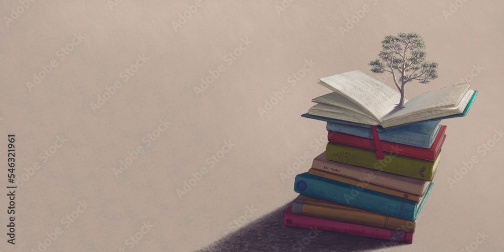 Books of life and a tree. Concept art of education, learning, reading ...