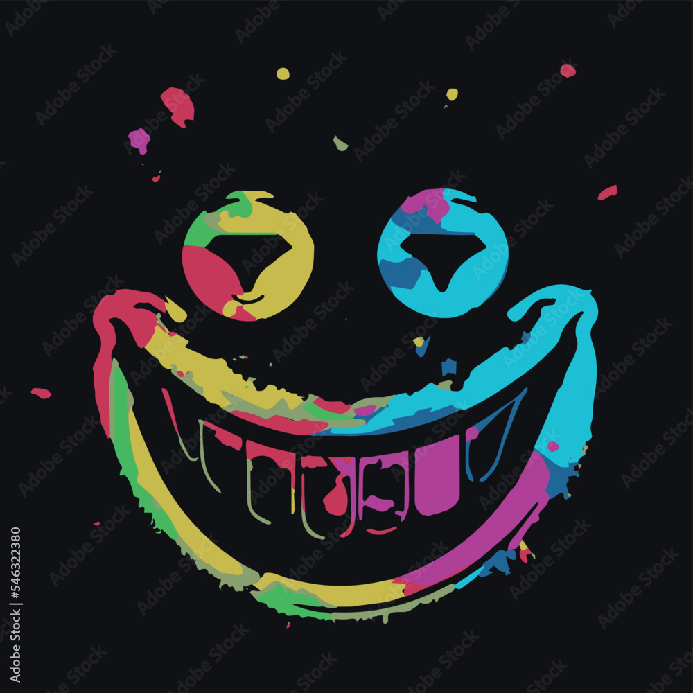 Acid colorful smiley. Paint splatter graffiti style emoji. Funny face ...