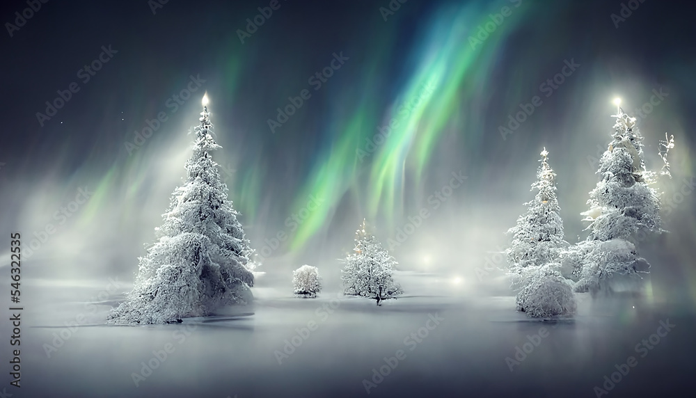 white trees and northern lights, christmas background, digital ...