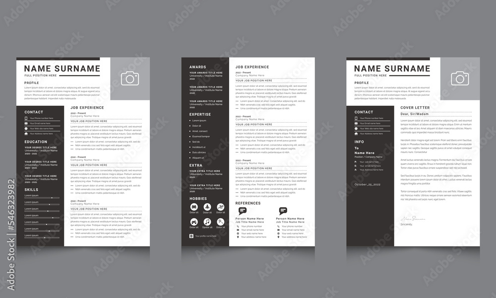 Resume / CV Template, Cover Letter Layout with Dark Sidebar Accents ...