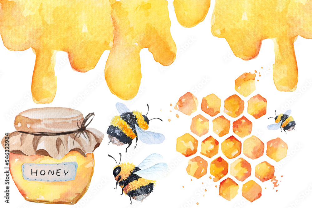 Drawing bees with watercolor.Watercolor honey jar.Yellow honeycomb ...