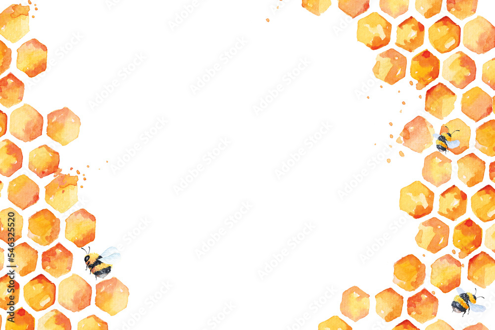 Drawing bees with watercolor.Honeycomb background with watercolor ...