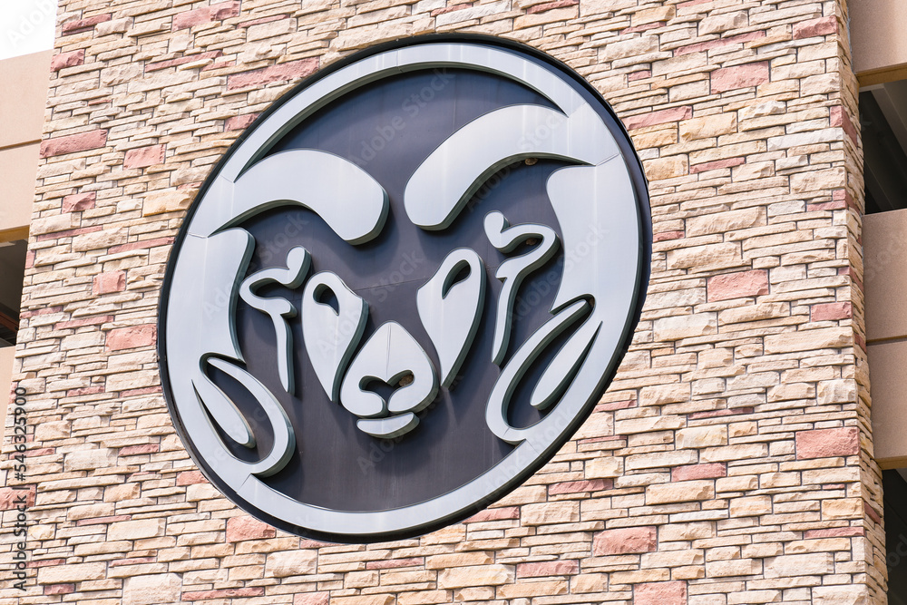 Rams mascot logo on a building at the Colorado State University in Fort ...