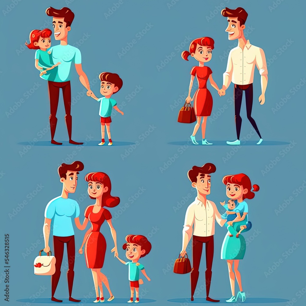 Happy Family Characters mom, dad and children. Front, side, back view ...