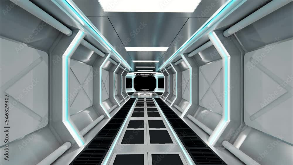 3D computer game science fiction .Spaceship interior with glowing, neon ...